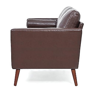 Pabby Yard PU Leather Sectional Sofa 3 Seat Comfy Couches Soft Cushion Sofa with Wooden Legs and 2 Pillows, Mid-Century Modern Sofa Classic Small Spaces Couches Living Room Furniture, Brown