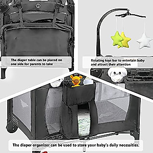 Kinder King 3 in 1 Portable Nursery Center, Foldable Playard for Baby & Toddler, Infant Pack n Play w/Bassinet, Removable Mattress, Newborn Changing Table, Travel Bag, Music Box, Storage Basket, Grey