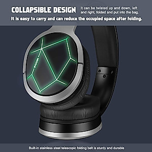 MIDOLA Headphone Bluetooth 5.0 Wireless LED Light DJ Over-Ear Foldable w/Mic Hi-Fi Audio, Deep Bass, Soft Protein Ear Cups 30-35H Playtime for Travel Home Office Cellphone Pad Notebook Black