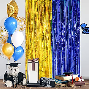 LOLStar 1 Pack Blue and Gold Graduation Party Decoration 2023, 3.3x6.6 ft Foil Fringe Curtains, Tinsel Backdrop, Graduation Photo Booth Prop Streamer Backdrop for High School College University Party