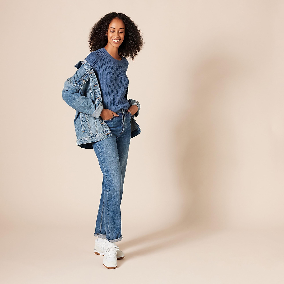 Amazon Essentials Women's Lightweight Long-Sleeve Cable Crewneck Sweater (Available in Plus Size), Blue Heather, X-Large