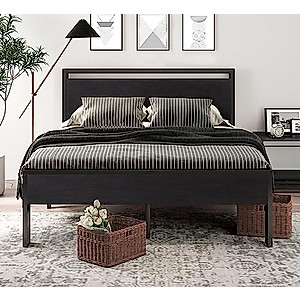 SHA CERLIN 14 Inch Queen Size Metal Platform Bed Frame with Wooden Headboard and Footboard, Mattress Foundation, No Box Spring Needed, Large Under Bed Storage, Without Noise, Black Oak