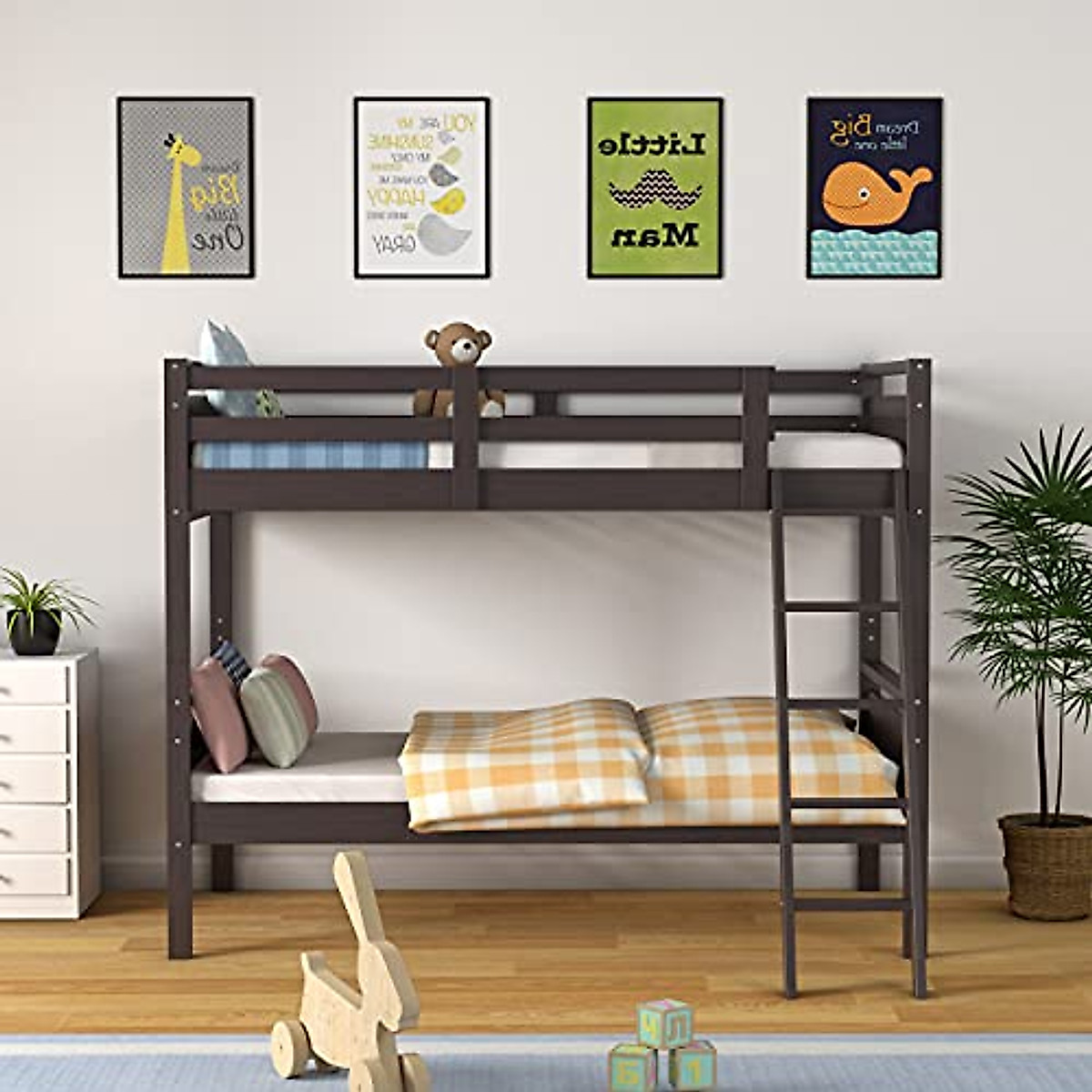 Giantex Twin Over Twin Bunk Bed, Solid Wood Twin Bunk Bed Convertible Into Two Individual Beds, Kids Twin Bunk Bed w/ Ladder & Guard Rail for Boys Girls (Espresso)