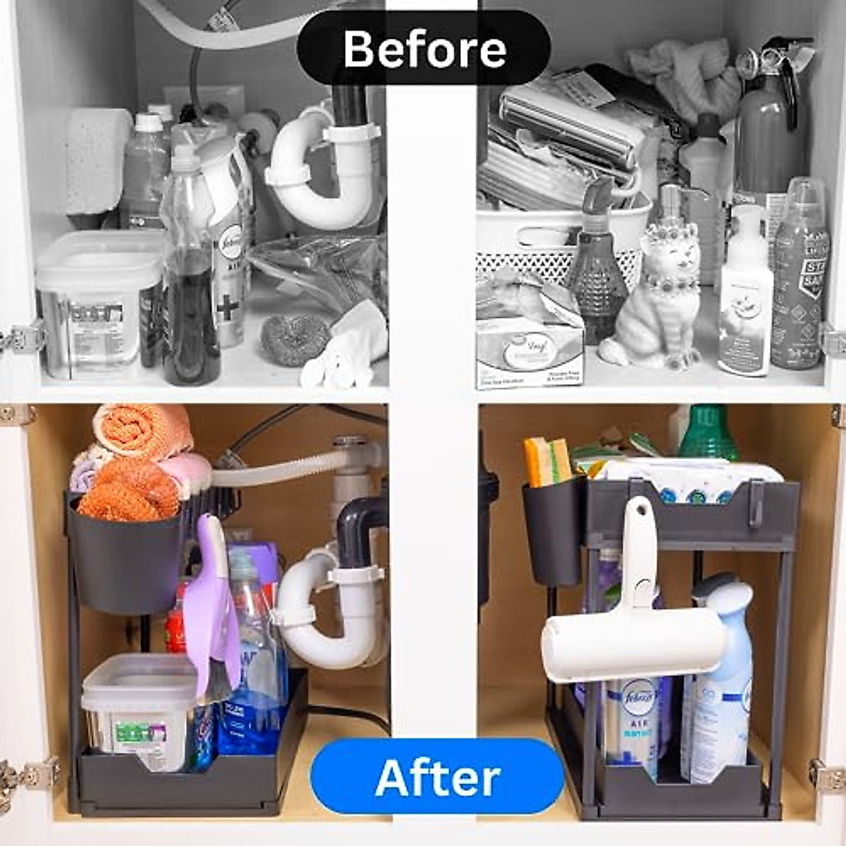 2 Sets of 2 -Tier Multi-Purpose Under Sink Organizer and Storage, Adjustable Height Pull Out Under Sink Kitchen Bathroom Cabinet with 8 Hooks and 2 Hanging Cup, Kitchen Sink Splash Guard