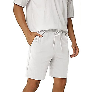 AUDATE Men's Shorts Linen Cotton Shorts Casual Summer Beach Shorts Waist Elastic Drawstring Shorts White XL