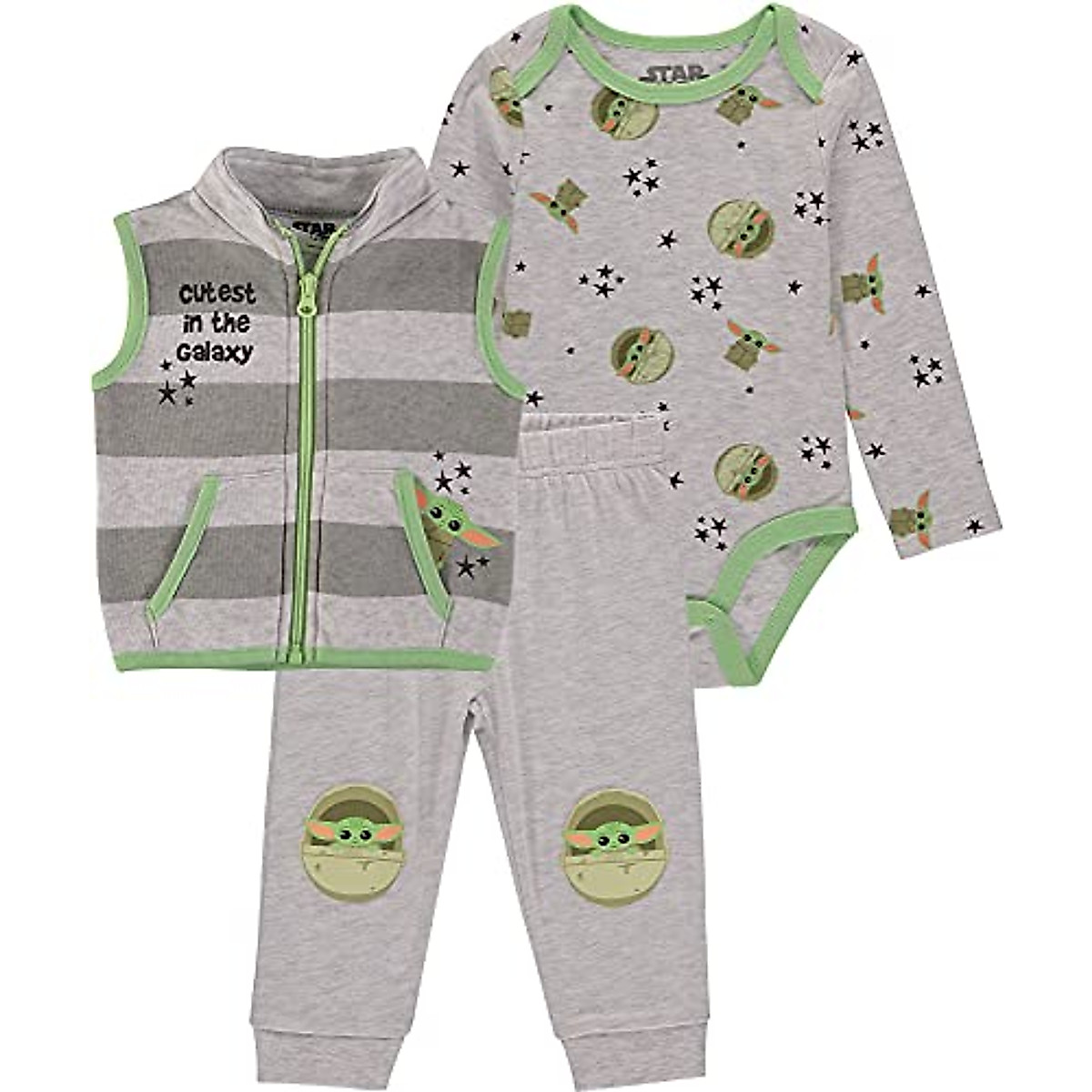STAR WARS Baby Boy 3 Piece Baby Yoda Set Includes Bodysuit, Pants and a Zip-up Fleece Vest - 24 Months