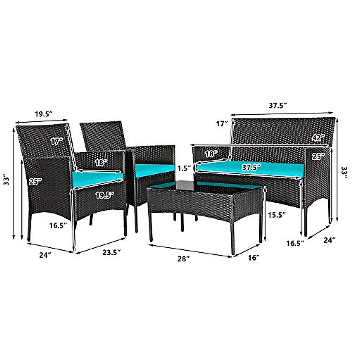 DORTALA 4 Pieces Rattan Patio Furniture Set, Practical Conversation Set w/Tempered Glass Top Table, Outdoor Wicker Sofa Set w/Removable Cushions for Poolside, Backyard