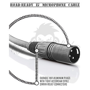 Mophead 15-Foot Balanced XLR Microphone Cable - 3-Pin XLR Male to XLR Female Pro Grade Double Insulated Tweed Braided (Black and White Diamond)