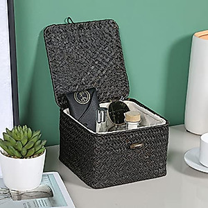 MyGift Black Seagrass Woven Small Storage Basket Organizer Box with Lid and Removable Fabric Liner