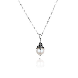 Paz Creations 925 Sterling Silver Pearl Pendant Necklace with Round Ball-Shape White Freshwater Pearl and Handcrafted Floral Cap - Natural Elegant Jewelry