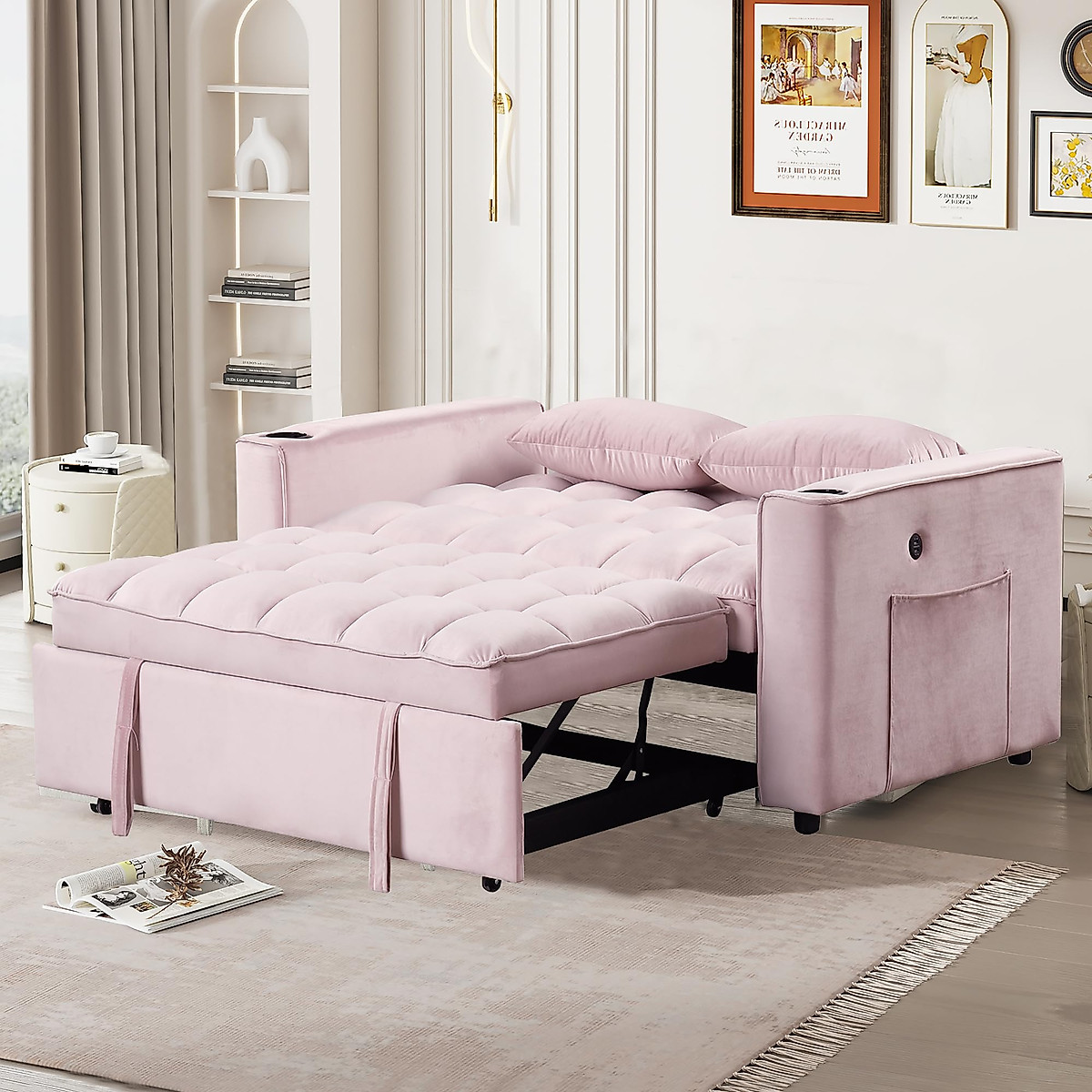 Harper & Bright Designs 55.3" 4-1 Multi-Functional Sofa Bed, Sleeper Sofa Bed with Cup Holder and USB Port for Living Room or Apartments, Pink