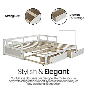 Hanway Twin Daybed with Two Drawers - White Solid Pine Wood Material - Extendable to King Size Bed Frame with Extra Storage Drawers – Elegant Furniture for Compact Rooms