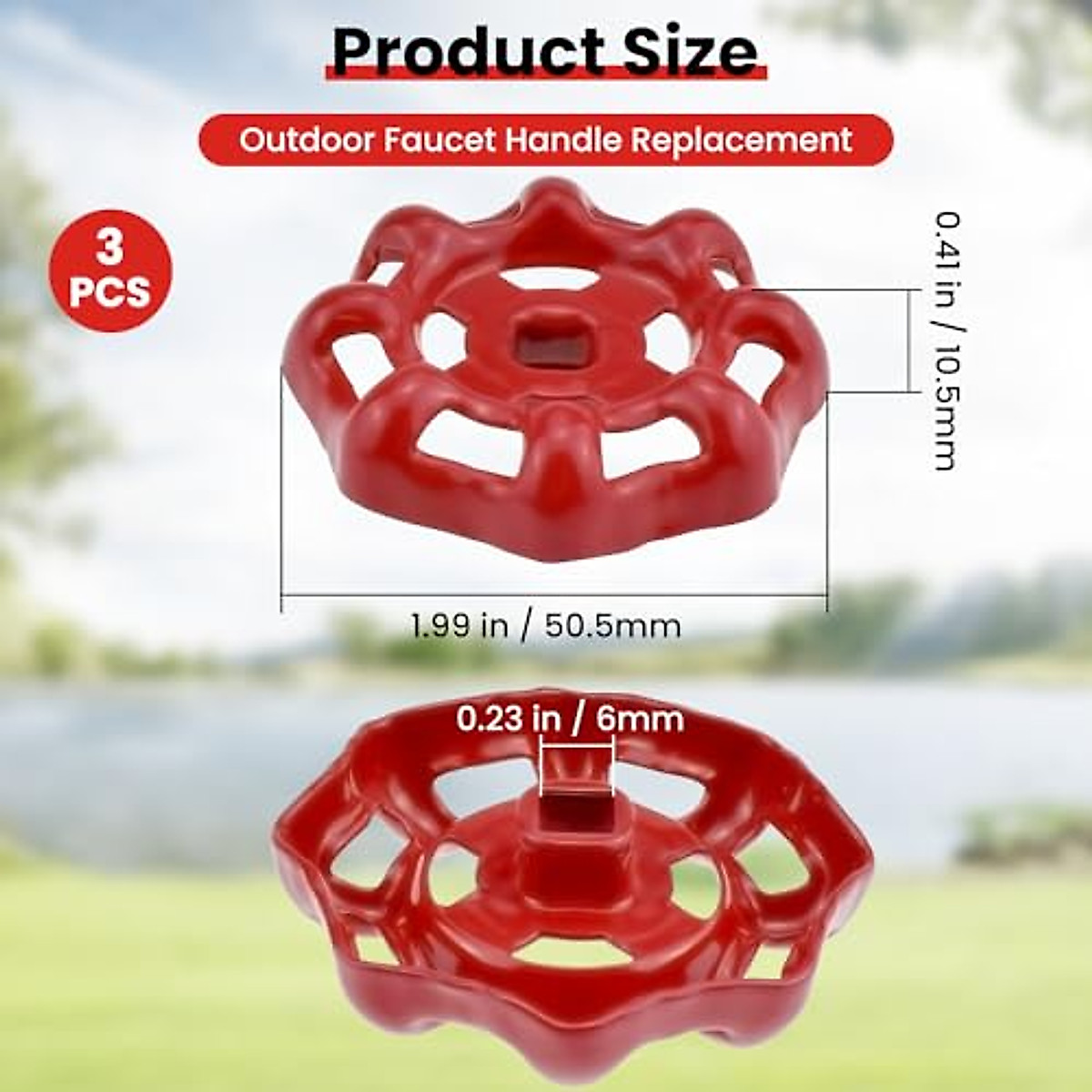 3 PCS Outside Faucet Hose Handles, Cast Iron Bibb Round Wheel Square Stem Hole Spigot Handle Replacement Parts for Outside Hose Bibb, Stopcocks, Valves, Wall Hydrants 15/64 in x 15/64 in (6mm x 6mm)