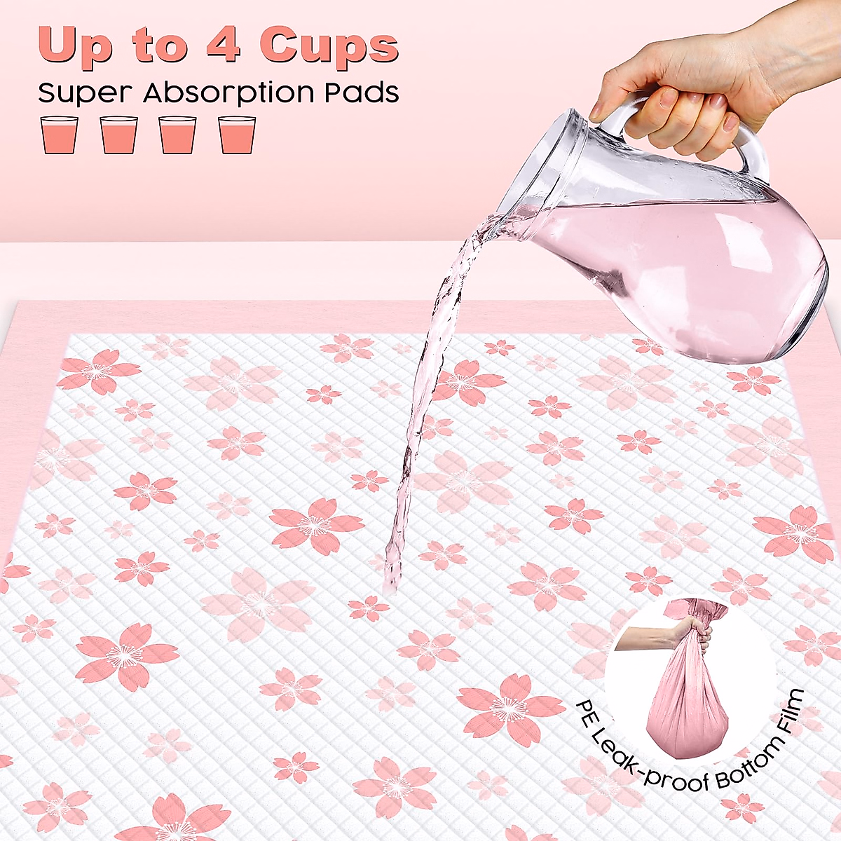 MIZOK Puppy Pads 22"x 22" with Leak-Proof Quick-Dry Design Pee Pads for Dogs Potty Training, 6-Layer Standard Absorbency Dog Pee Pads Regular Size, Pink Cherry Blossom Pattern (50 Counts)