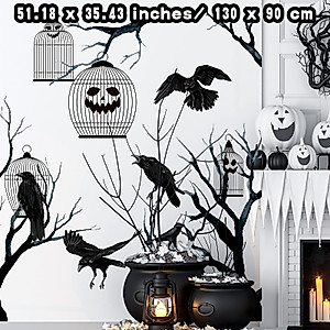 Seajan 4 Sheets Halloween Wall Decals Halloween Black Wall Stickers Black Tree Crow Cage Wall Decals Large Halloween Wall Decals Halloween Home Decor DIY Art for Wall Window Door (Birdcage, Crow)