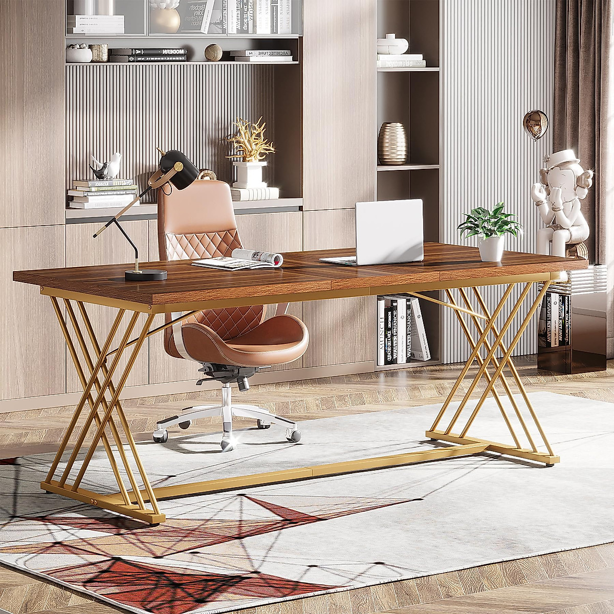 Tribesigns 63" x 31.5" Large Computer Desk, Modern Wood Home Office Desk, Computer Table Executive Desk, Study Writing Table Workstation for Living Room Bedroom Office, Brown + Gold Metal Frame