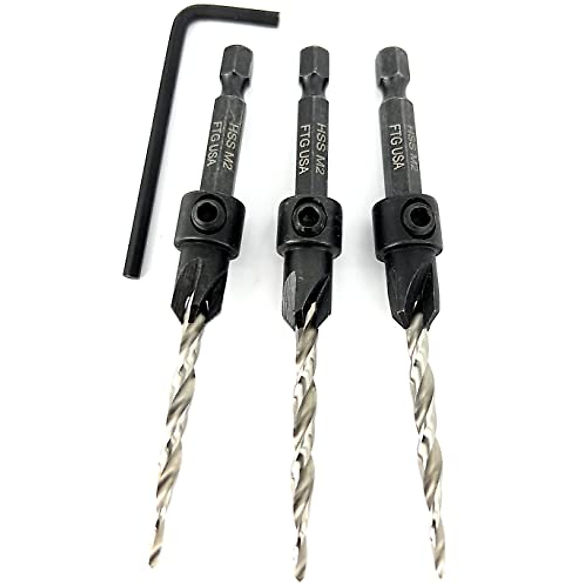 FTG USA Countersink Drill Bit Set 3 Pc #8 (11/64") Countersink Drill Bit with Tapered Drill Bits, Quick Change Hex Shank Countersink Bit, 1 Hex Wrench, Counter Sinker Drill Bit Set for Woodworking