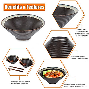 ARTISENO Ceramic Ramen Bowl Set- 2 Sets of 60oz Japanese Ramen Bowl with Chopsticks and Spoons, Ramen Noodle Bowl, Pho Bowls, Cute Bowl, Udon Ramen bowls, Noodle Bowl with Chopsticks, Black