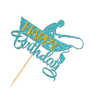 Fisherman Happy Birthday Cake Topper, Glitter Happy 30th 40th 45th 50th 60th 70th Birthday Cake Decoration, Funny Fishing Fisherman Theme Party Supplies - Sky Blue&Golden