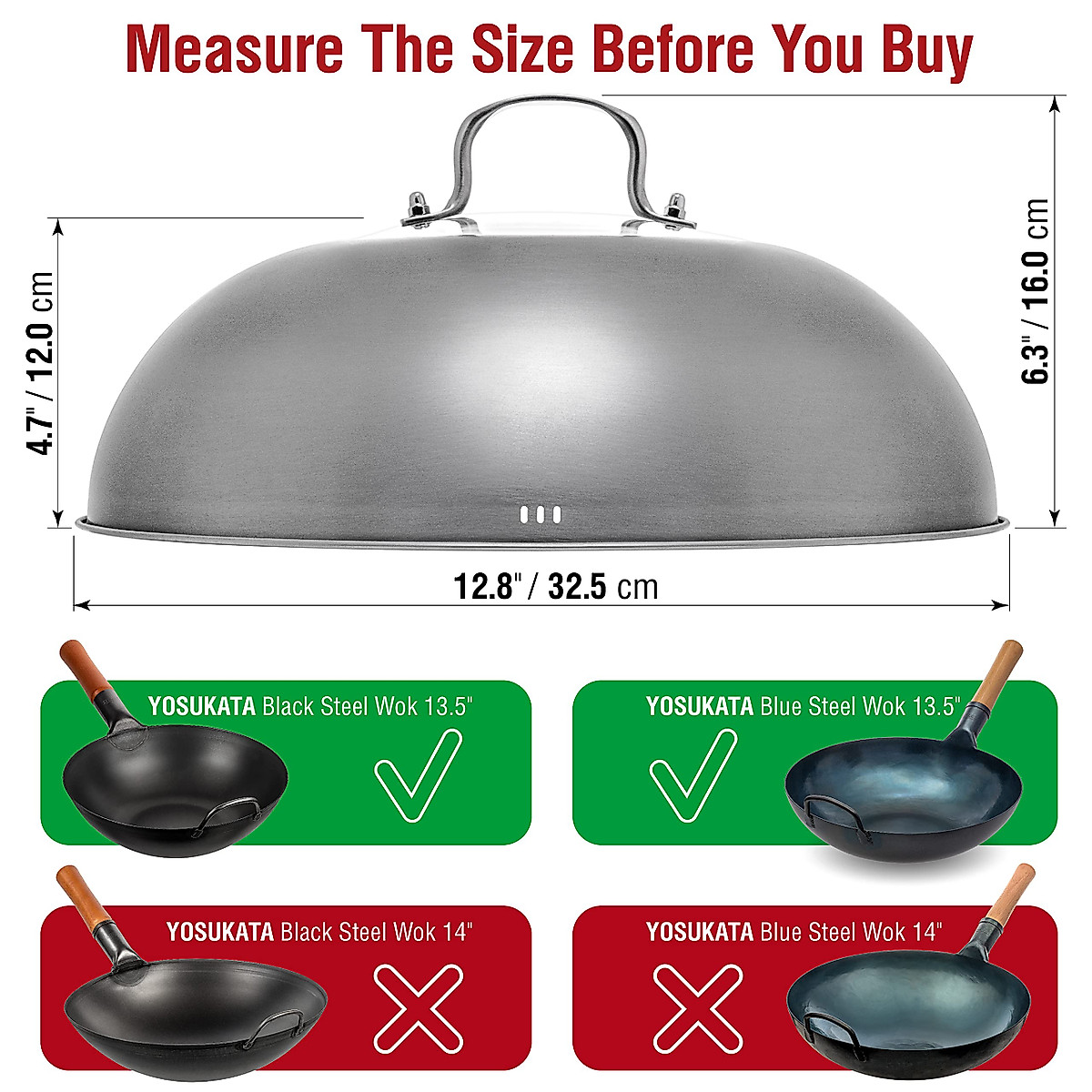 YOSUKATA Wok Lid 12.8 In - Premium Stainless Wok Cover with Tempered Glass Insert Steam Holes and Ergonomic Handle - Durable Wok Accessories - Dishwasher-Safe Lid for 13.5-In Wok for Asian Cooking