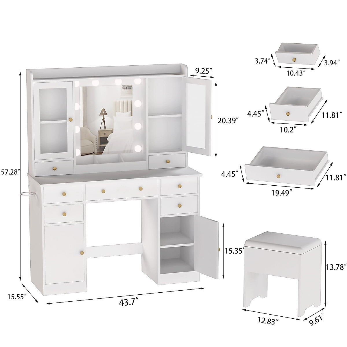 HUANLEGO Vanity Desk with Mirror and Lights, White Vanity Mirror with Lights Desk and Chair &7 Drawers, Cabinets Makeup Vanity Table with with Stool for Bedroom 3 Lights Mode and Brightness Adjusted