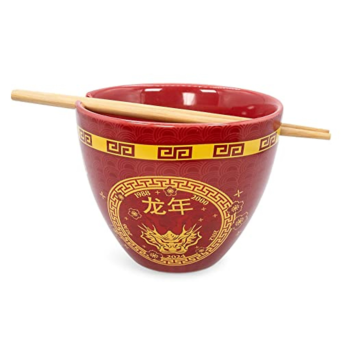 Boom Trendz Year Of The Dragon Chinese Zodiac Ceramic Set | Includes 16-Ounce Ramen Noodle Bowl and Wooden Chopsticks Asian Food Dish For Home & Kitchen Kawaii Lunar New Gifts, Red, One Size