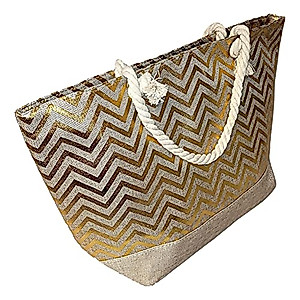 Large Women Metallic Print Tote Beach Bag with Zipper Top - Silver or Gold - Chevron or Stripe Pattern - Can be Personalized with Initial, Monogram or Name (Gold Chevron)