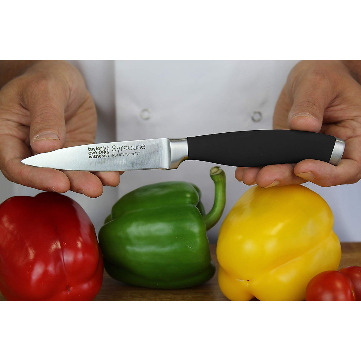 Taylors Eye Witness Syracuse Vegetable Paring Kitchen Knife - Professional 8cm/3.5” Cutting Edge, Multi Use. Ultra Fine Blade, Precision Ground Razor Sharp. Soft Textured Grip Matte Black Handle.
