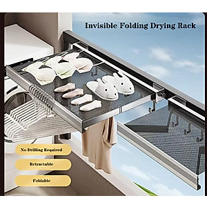Hympuae Retractable Drying Rack With Net, Laundry Drying Tray Rack, Wall Hanging Drying Rack,Bathroom Drying Rack With 6 Hooks,For Shoes And Socks, Underwear,Folding Clothes Rack (White)