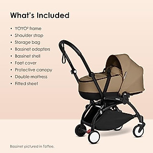 BABYZEN YOYO2 Black Frame + Taupe Bassinet - Includes Thick Double Mattress, Ventilated Shell & Canopy