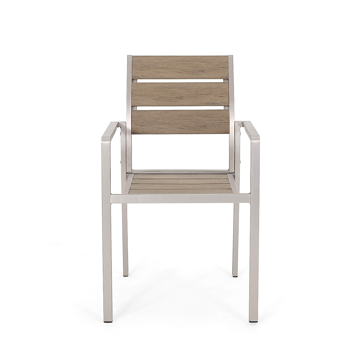 GDFStudio Outdoor Modern Aluminum Dining Chair with Faux Wood Seat (Set of 2), Natural and Silver