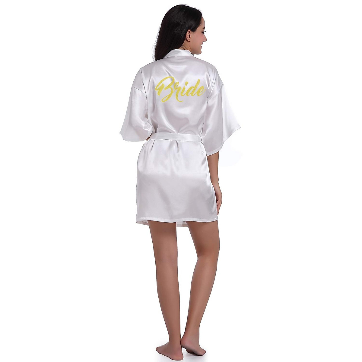 Goodsaleok Women's Satin Kimono Robe for Bride Bridesmaid Wedding Party Getting Ready One Size Robe, Bride White