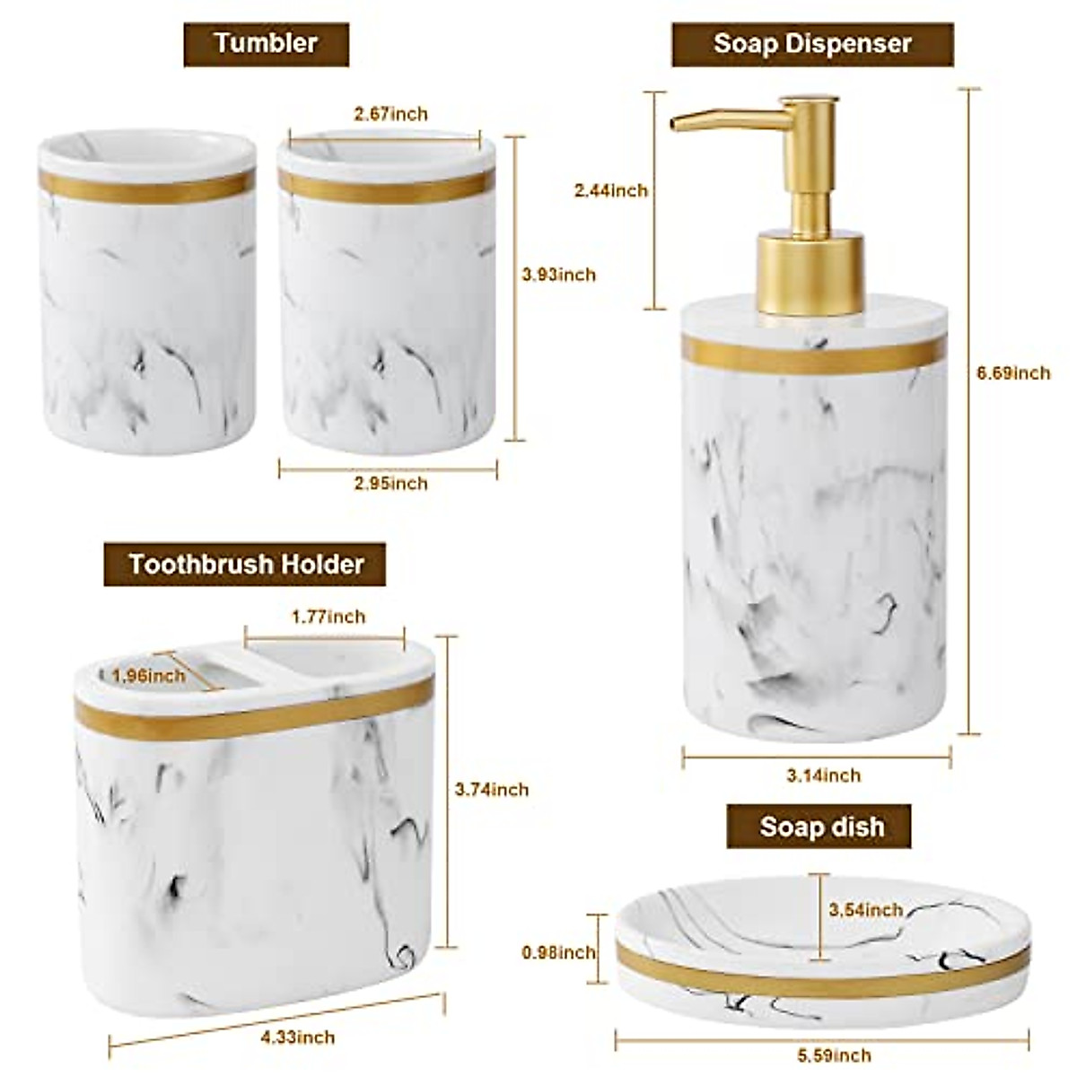 WEYEEN Bathroom Accessory Set,5 Pieces Marble Pattern Bathroom Counter Top Accessories Sets with Bathroom Soap Dispenser,Toothbrush Holder,Two Bathroom Cups and Soap Tray for Modern Bathroom Decor
