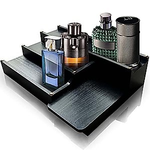 ALCEDIA Cologne Organizer for Men - 4 Tiered Solid Wood Cologne Stand Display Shelf with Hidden Compartment. Vanity Organizer, Perfume Organizer, Spices Organizer and Funko Pop Shelves. (Rustic Black)