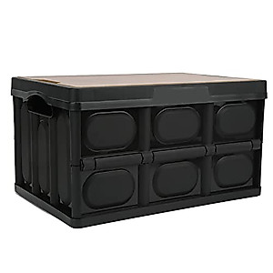 Alomejor 30L Collapsible Storage Box Crate with Lid Folding Storage Box with Wooden Cover Panel for Home Outdoor(Black)