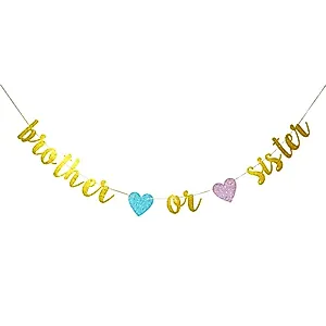 Swdthnh Gender Reveal Party Decorations - Glitter Letters Brother or Sister with Hearts Banner for Baby Shower Party Decorations, Gold