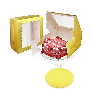 Bakepacker Matte Gold 18-Packs Cake Boxes with Windows, 10x10x5 inch 18pcs Cake Container, 10 Inch 18pcs Cake Carrier Boxes with Matte Gold Cake Boards Included