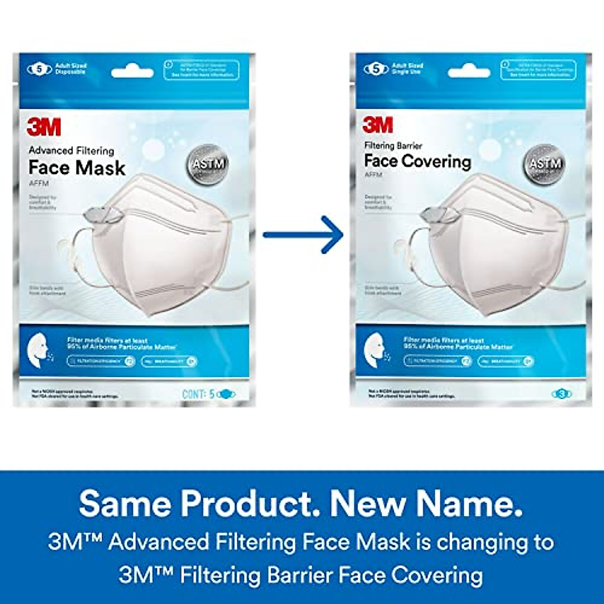 3M Filtering Barrier Face Covering, Soft, Breathable Materials, Convenient & Disposable, One Size, 5-pack