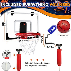 Pro Indoor Mini Basketball Hoop Set for Kids Adults, Wall Mount Automatic Scoring Basketball Hoop with 4 Rubber 6" Balls, Over The Door Basketball Hoops with Electronic Scoreboard Large Dunk Rim