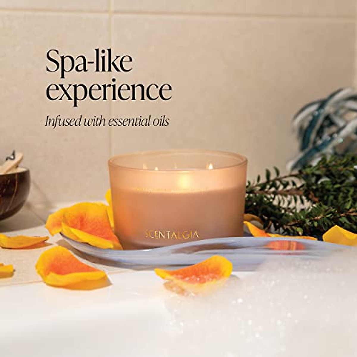 SCENTALGIA Scented Soy Candle Jar with Sandalwood, Bergamot, Jasmine Fragrance - 3 Wick Large Candles with Long-Lasting 55 Hours Burn Time - Perfect for Home, Office, Spa, Yoga, Meditation & Gifts