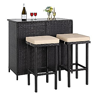 Crownland 3-Piece Wicker Patio Outdoor Bar Set, 2 Stools and 1 Glass Top Table, Outdoor Bistro Set, Brown Wicker Bar Table, Outdoor Furniture Set for Deck, Lawn, Backyard