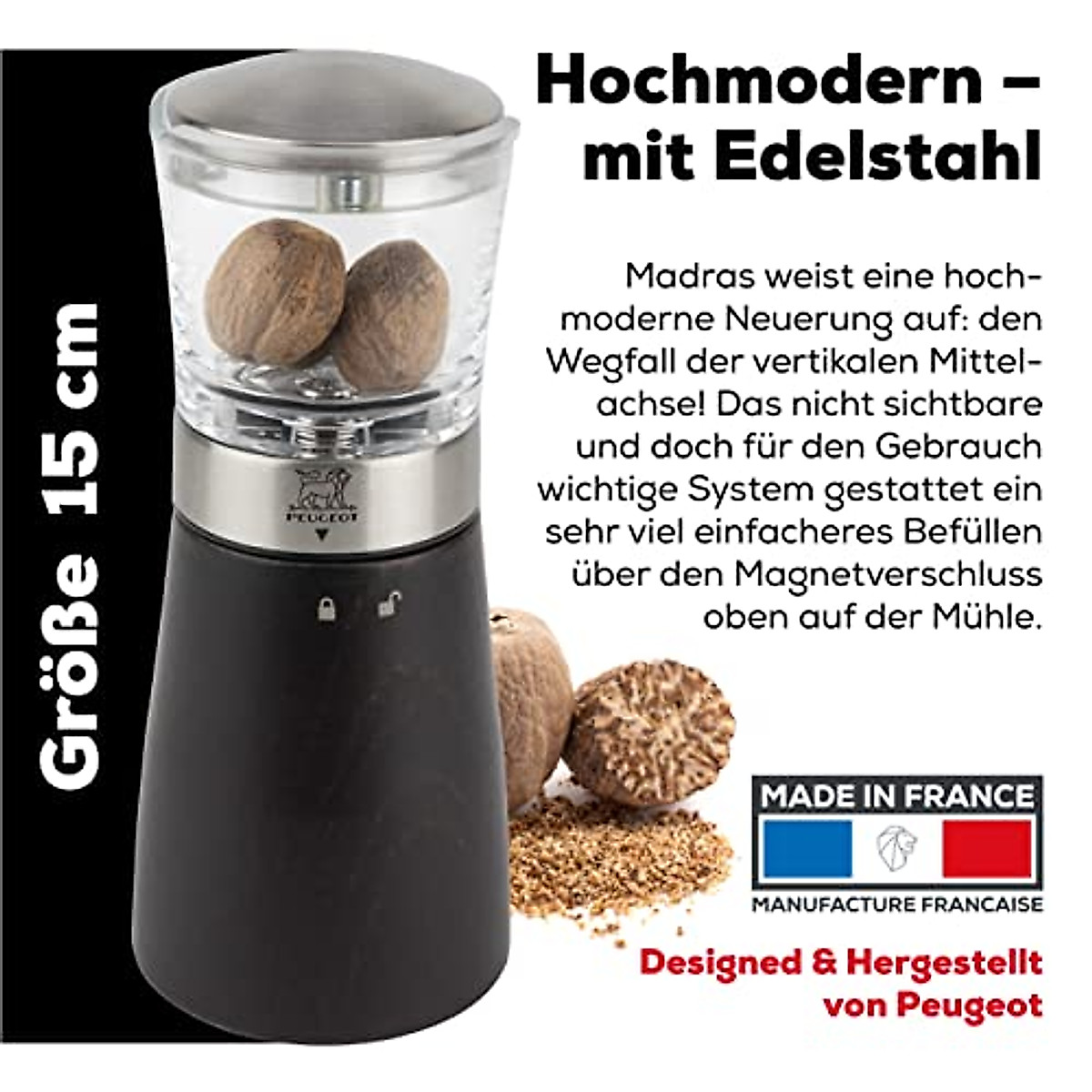 Peugeot - Madras Manual Nutmeg Mill - Spice Grinder - Stainless Steel, Acrylic & Beechwood, Chocolate