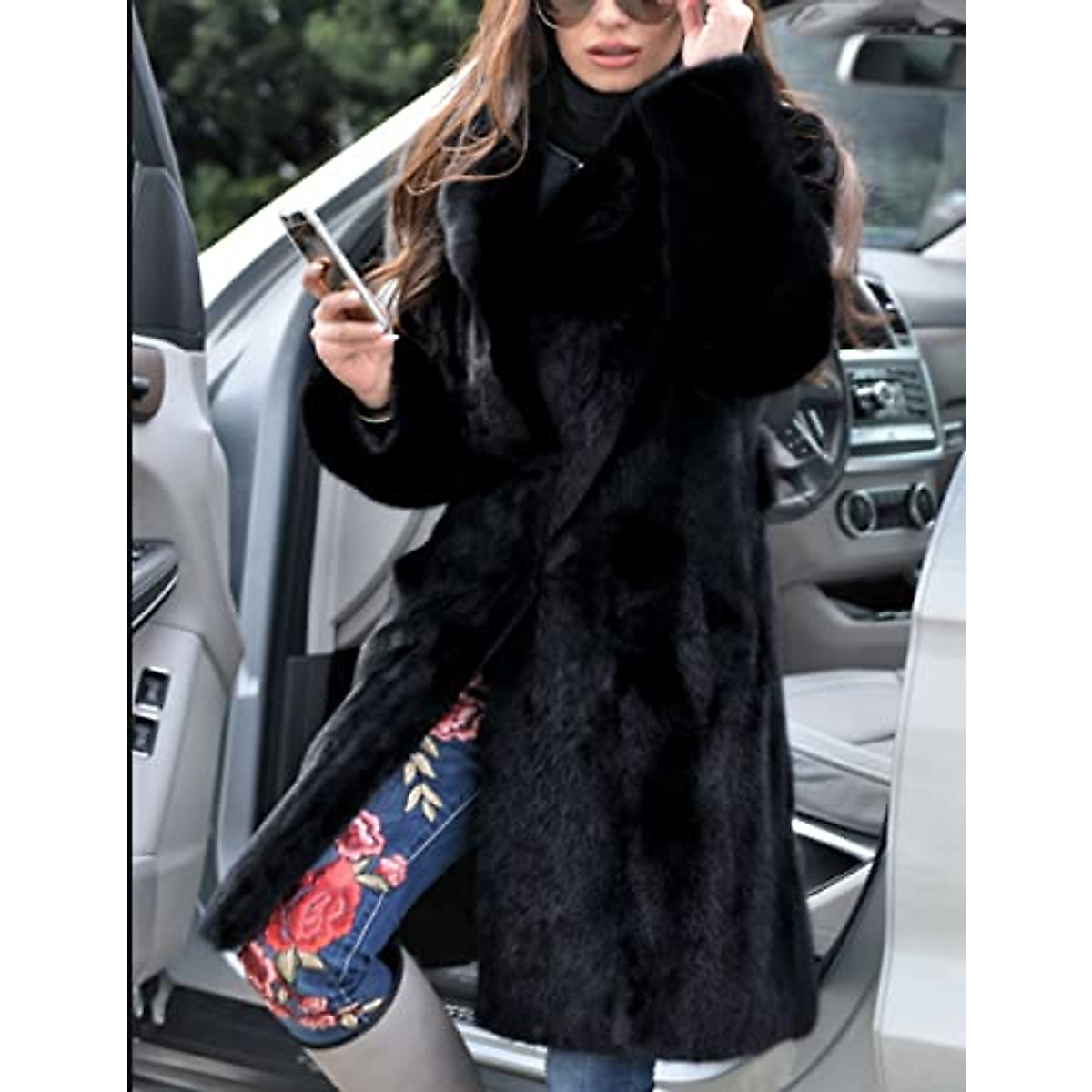 HINDOLA Womens Faux Fur Parka Coats Women Fuzzy Fleece Lapel Winter Warm Overcoat Long Cardigan Jackets Outwear