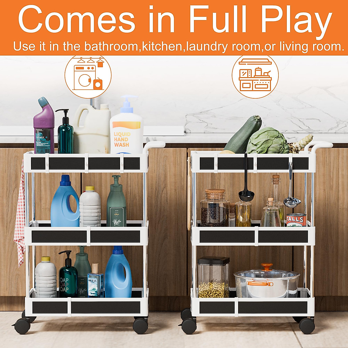 NUNET Under Sink Organizer w. Locking Casters & Handle 2/3/4 Tier Adjustable Small Rolling Cart Cabinet Storage Large Capacity Moving Cart w. Wheels for Kitchen, Bathroom, Countertop (2 Pack 2 Tier)
