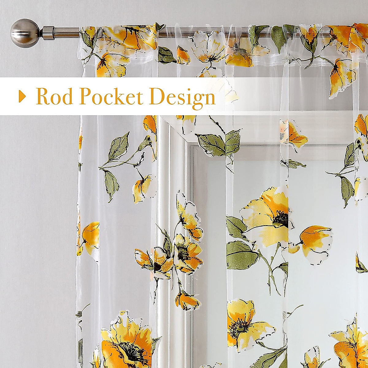 BROSHAN Sheer Curtains Yellow Flowers 1 Set of 2 Panels, Spring Beautiful Flower Voile Tulle Sheer Print Curtain Panels for Bedroom Living Room Window Treatments