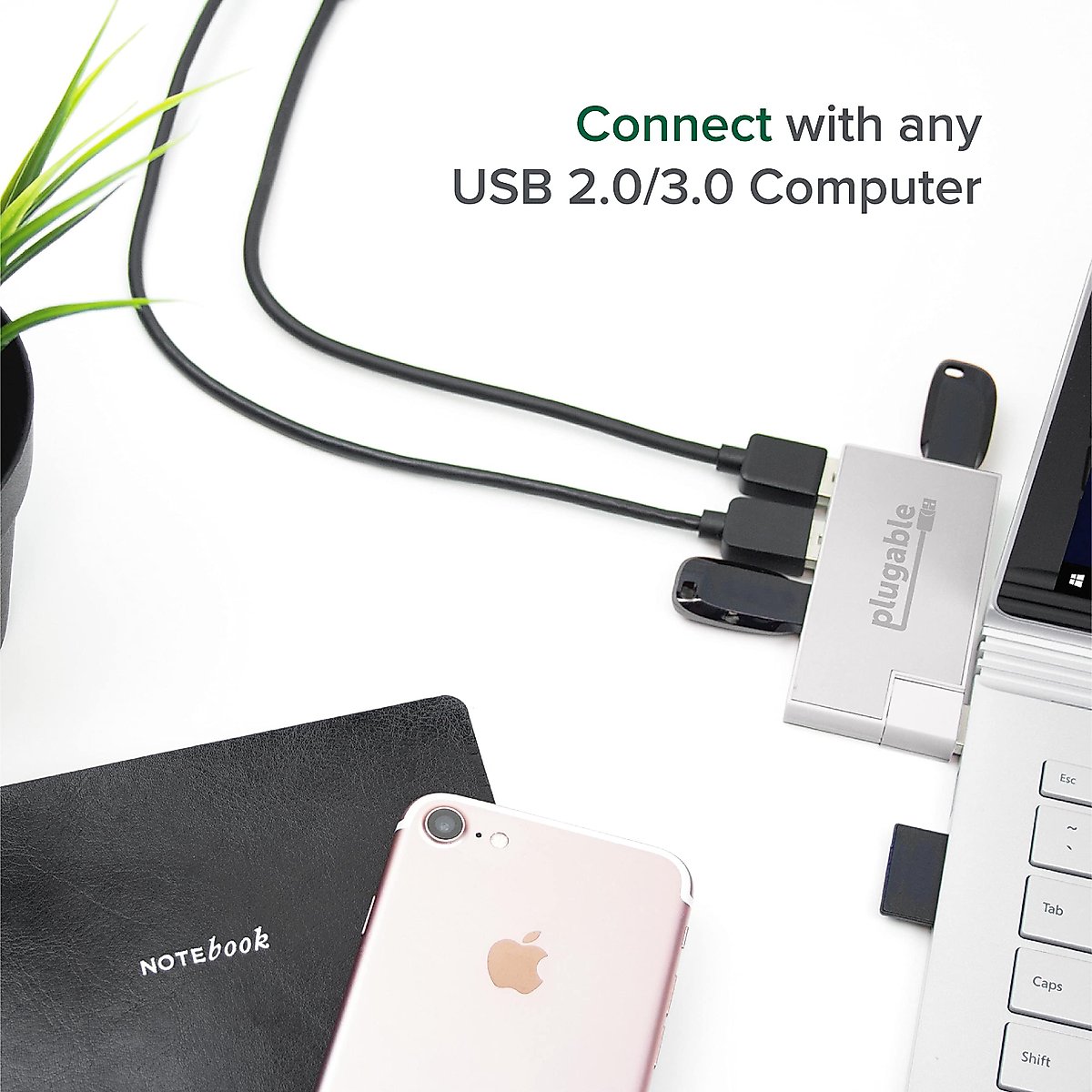Plugable USB Hub, Rotating 4 Port USB 3.0 Hub, Driverless Powered USB Hub (Compatible with Windows, macOS & Linux, USB 2.0 Backwards Compatible)