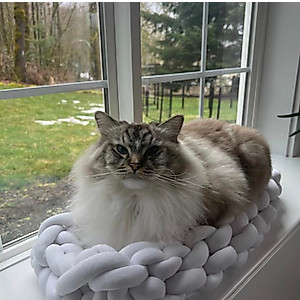 Handcrafted Chunky Cotton Yarn Cat Bed - Window Sill, Shelf, or Anywhere | Washable, Vegan, All-Season Comfort, White Cat Bed