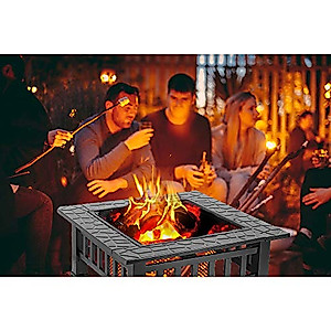 HEMBOR 32" Outdoor Fire Pit Table with Grill, Wood Burning Fireplace Bowl, Multi-Function Square Stove, w/Spark Screen, Poker, Rainproof Cover for Picnic, Camp, Bonfire, BBQ, Patio, Backyard, Party