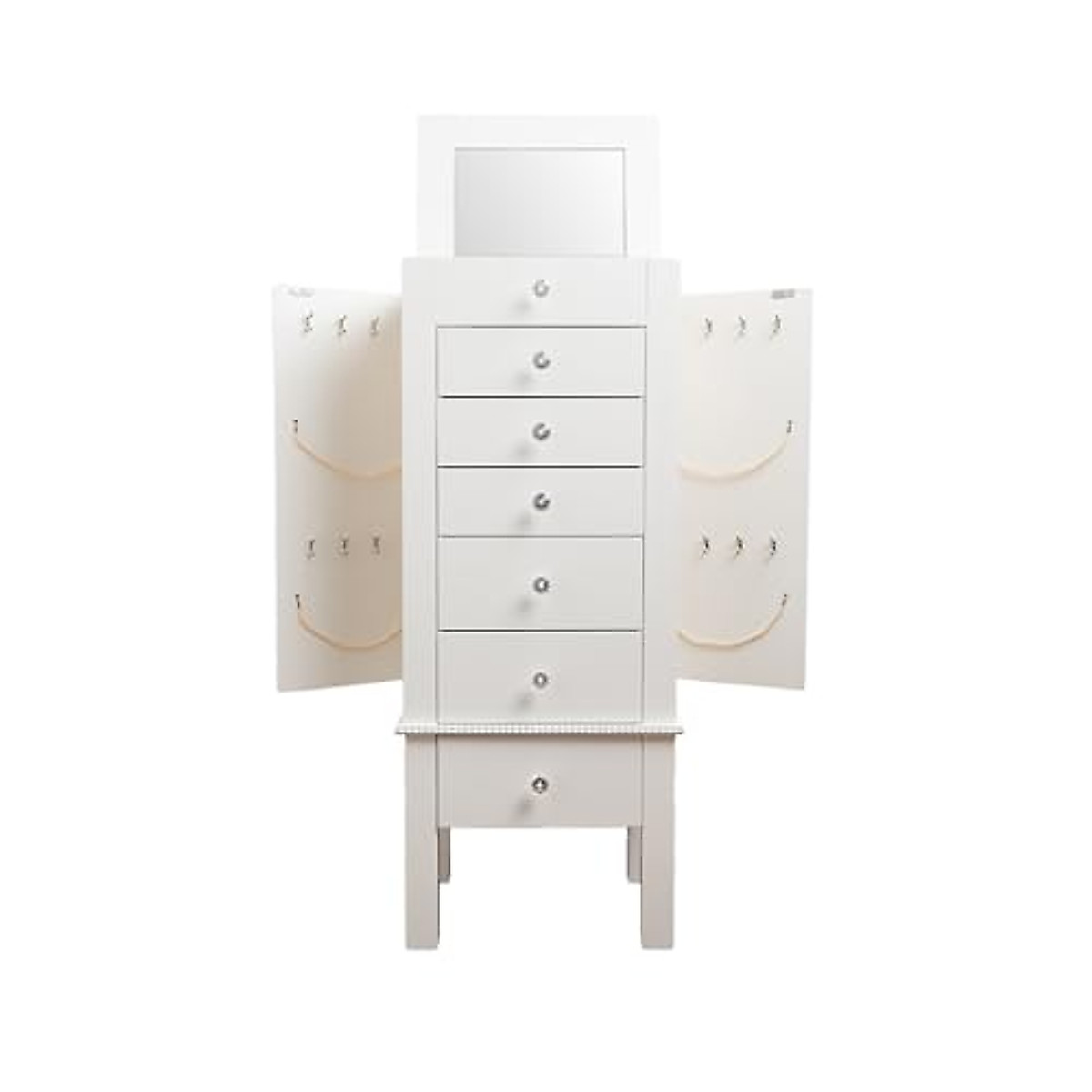 Alveare Home Helena Standing Jewelry Armoire – Elegant Storage with 6 Drawers, Jewel Knobs, Mirror, Ring Rolls, Necklace Hooks & Cord Management – White Finish