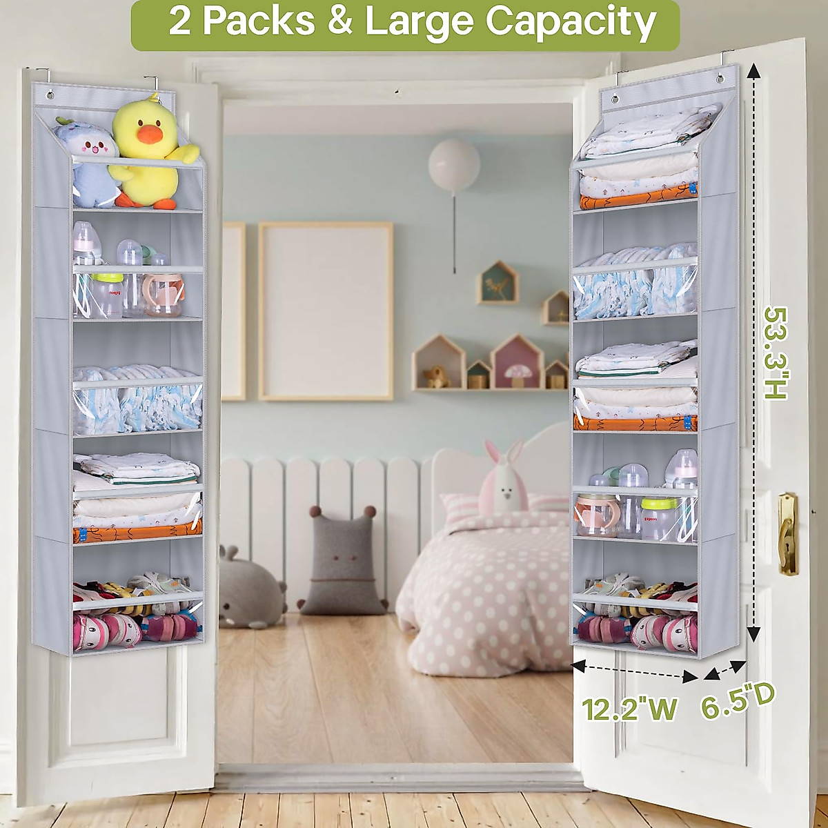 AOODA 2 Pack Over the Door Organizer, Large Capacity Closet Door Hanging Organizer, Clear Deep Pockets Baby Organizer Storage for Nursery, Bathroom, Bedroom, Pantry, Diapers (Grey)
